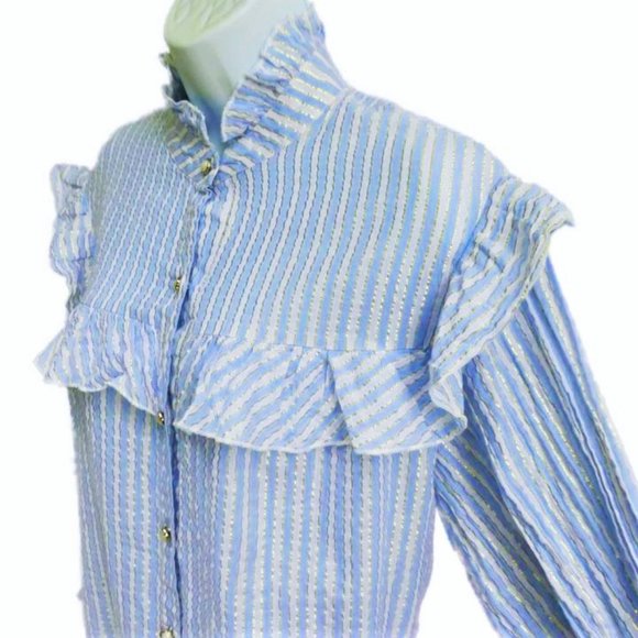 Vintage | Tops | Prairie Vintage Ruffled Blouse Blue White Stripe Gold Metallic Pearlized ...